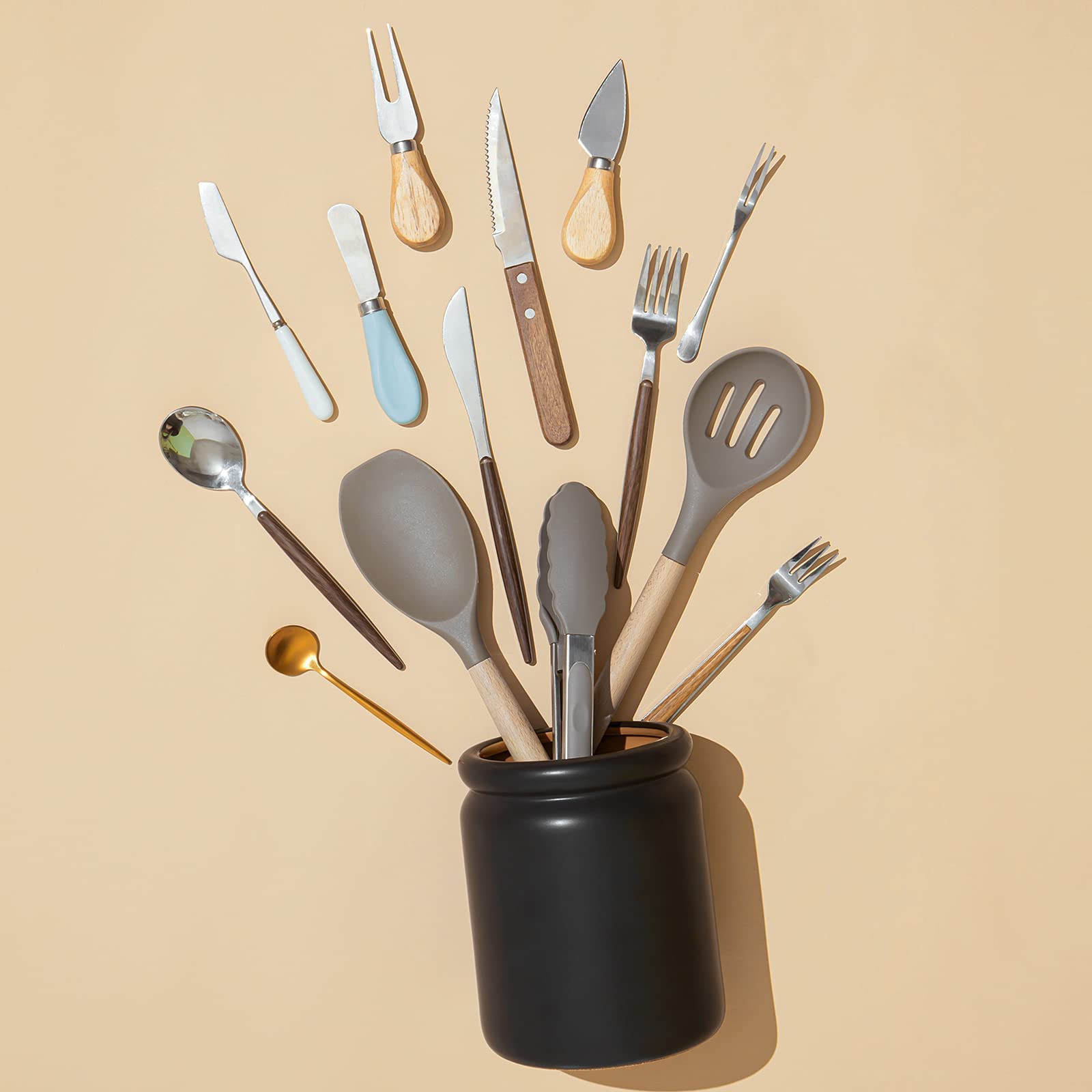 LIFVER Kitchen Utensil Holder, Heavy Ceramic Utensil Crock, 6.5" Cooking Utensil Holder, Utensil Organizer for Countertop, Kitchen Gifts, Farmhouse Kitchen Decor, Scratch Cork Bottom, Black