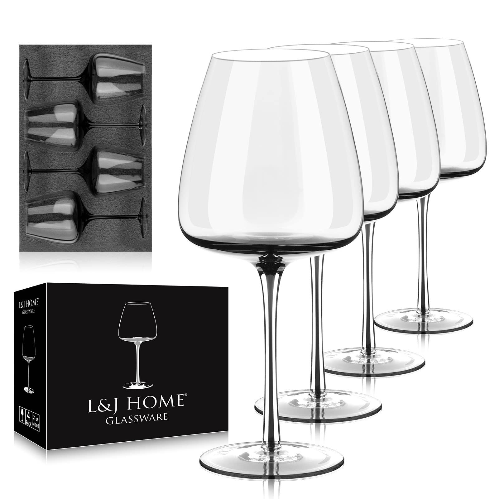 L&J Home Red Wine Glasses Set of 4 - Hand-Blown Primary Colored Sandwich Burgundy Glasses with Smoke Hue Design - Premium Crystal Clear Wine Glasses - 21 Ounce