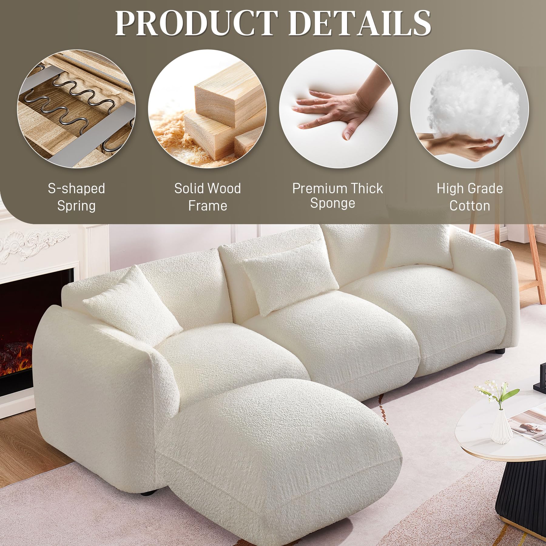 Nolohoo Sectional Sofa Cloud Couch, 102" Upholstered Boucle L-Shaped Deep Couch for Living Room, Comfy 4-Seat Overstuffed Couch with Movable Ottoman Pillows for Apartment (Cream, Boucle)