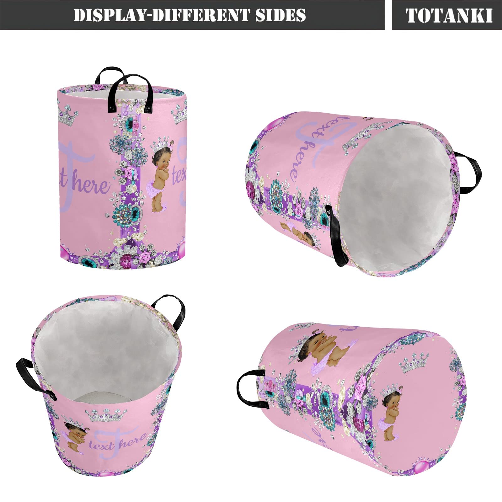 Personalized Custom Diamond Border Girl Collapsible Large Sized Clothes Hamper with Knitting Handles for Baby Girls Boys Kids Nursery Clothes Things