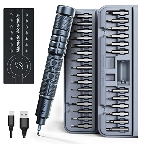 PKEY Cordless Electric Screwdriver Set, Mini Electric Screwdriver, 28 Magnetic Bits, 3 Gears Torque, Two batteriesļ¼Rechargeable Portable Repair Tool Kit for Electronics Laptops Clocks Glasses Camera