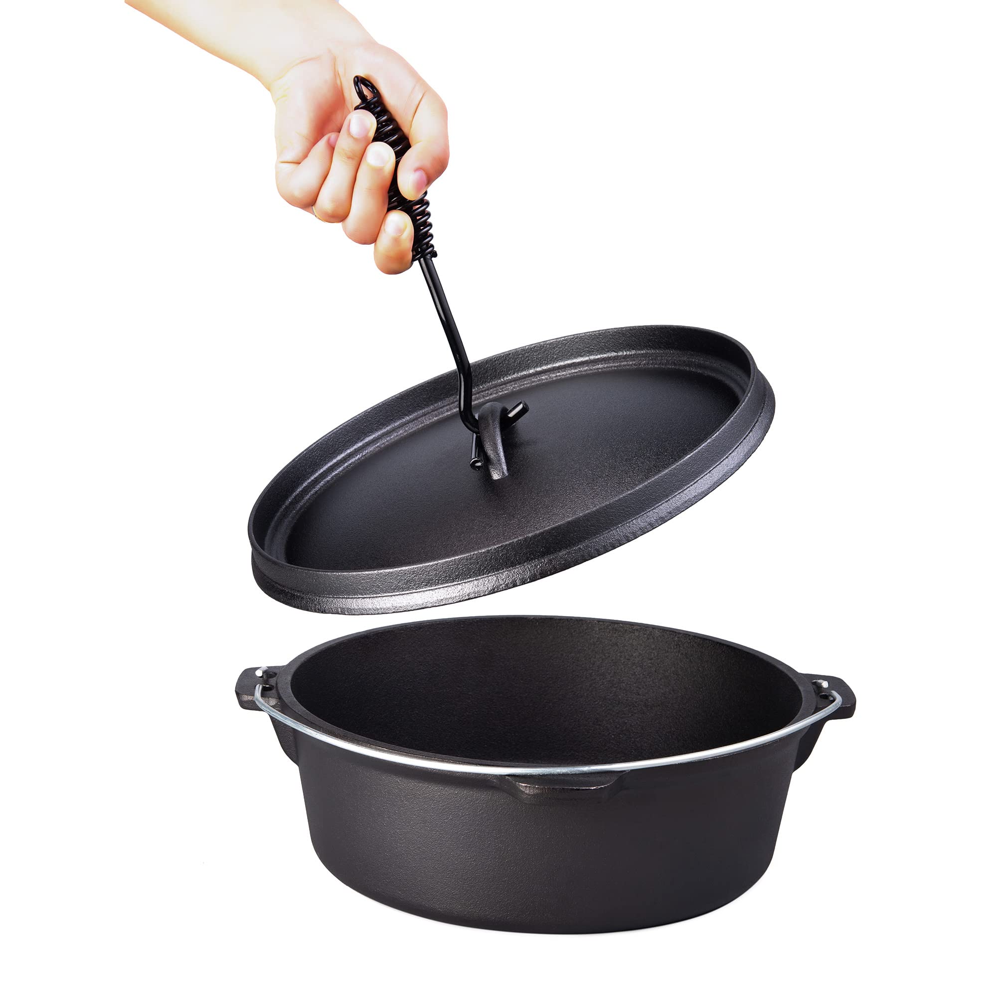 LACAST Cast Iron Camping Dutch Oven, 6-Quart Seasoned Cast Iron Pot with Lid Lifter, Perfect for Campfire or Fireplace Cooking (002)