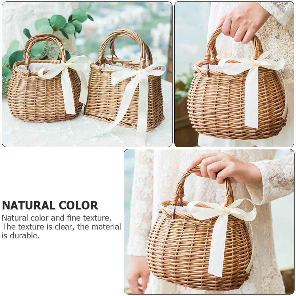 LIOOBO Rattan Woven Bag with Bow, Boho Style Beach Bag Flower Basket - Straw Bags Handle Wicker Baskets Handbags