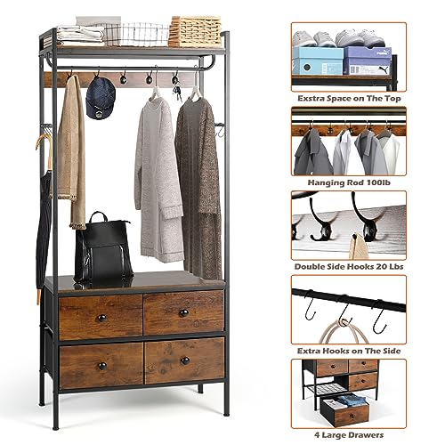 YIGOBUY Free Standing Coat Rack Hall Tree with Industrial Garment Rack with Shelves Drawers and Hooks, Small Clothes Rack for Bedroom, Living Room,Entryway Rustic
