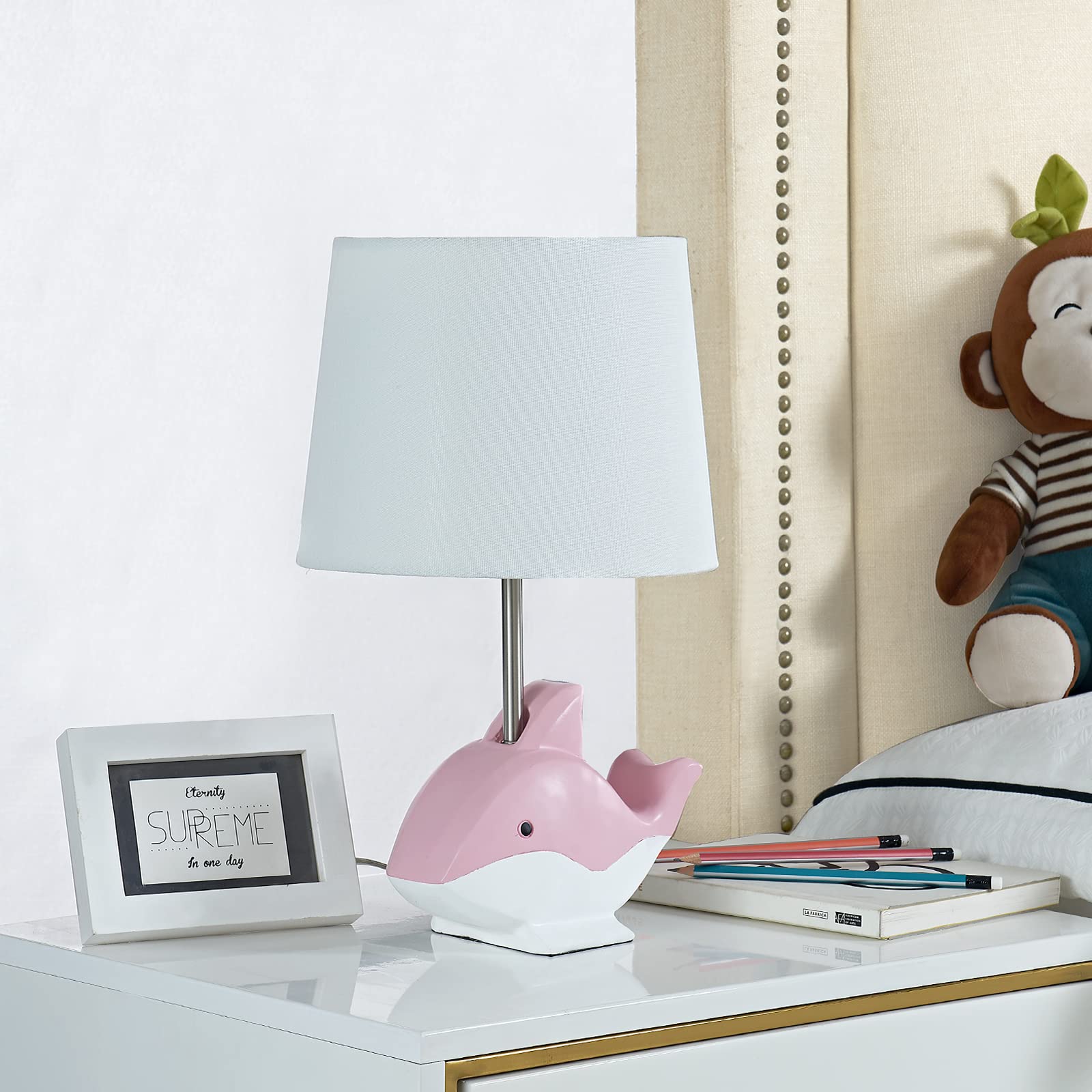 Maxax Desk Lamp, 15'' Pink Dolphin Table Lamp with White Shade for Bedroom, Kindergarten, Preschool