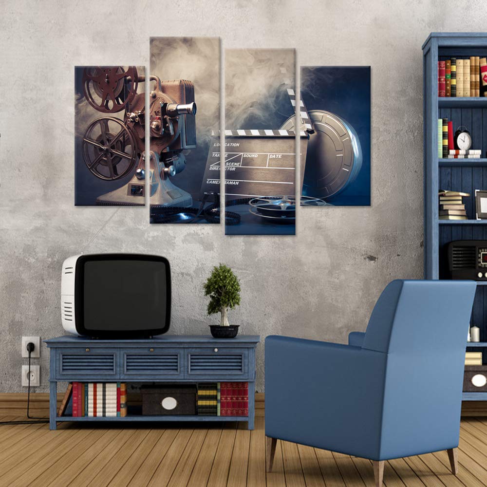 iHAPPYWALL 4 Panel Old Film Canvas Wall Art Filmmaking Concept Scene Dramatic Lighting Still Life Picture Stretched and Framed For Living Room Bedroom Home Decor Ready To Hang