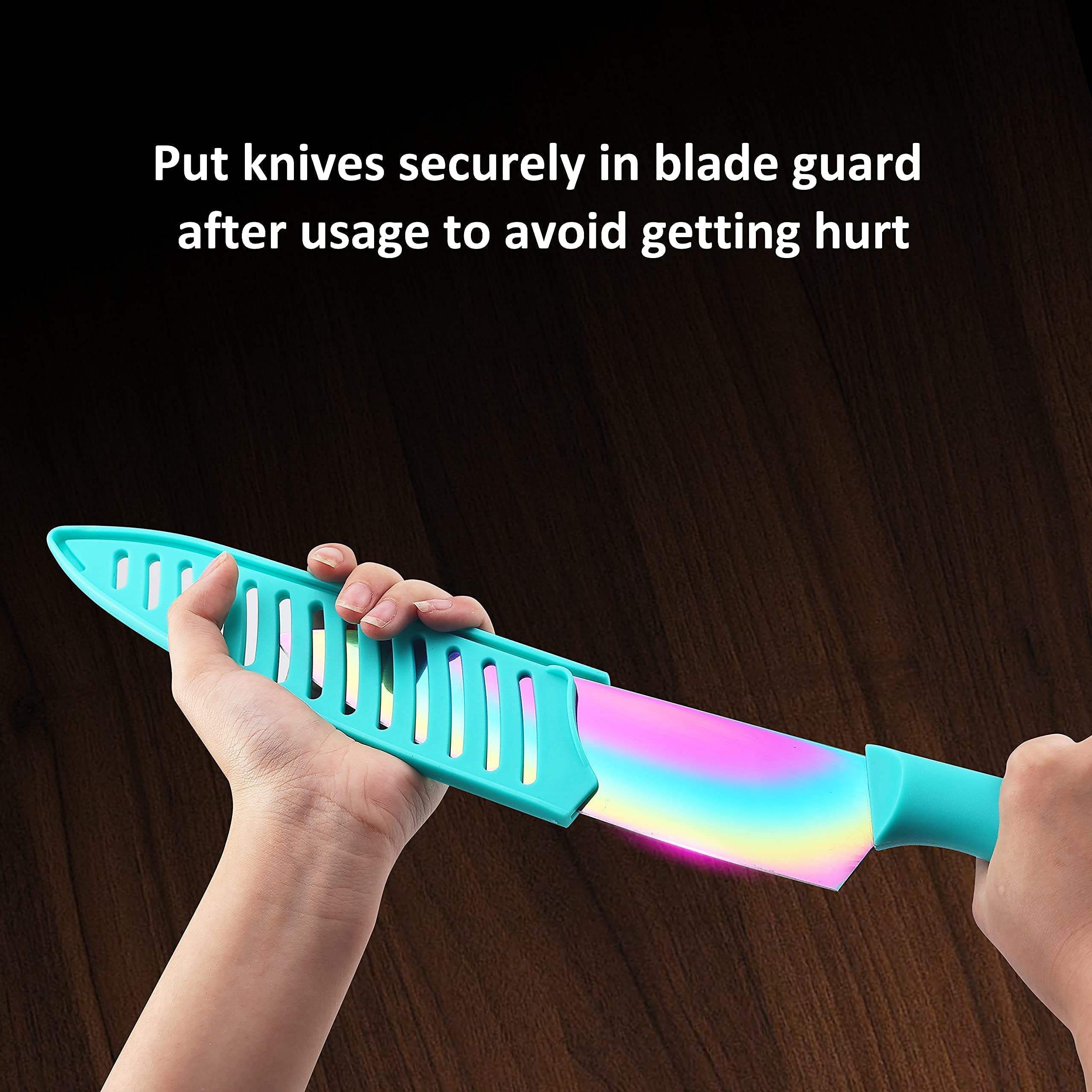 KYA37 Rainbow Titanium 12-Piece Stainless Steel Kitchen Knives Set with Sheath + KYA52 6PCS Nonstick Colorful Stainless Steel Rainbow Utensil Sets
