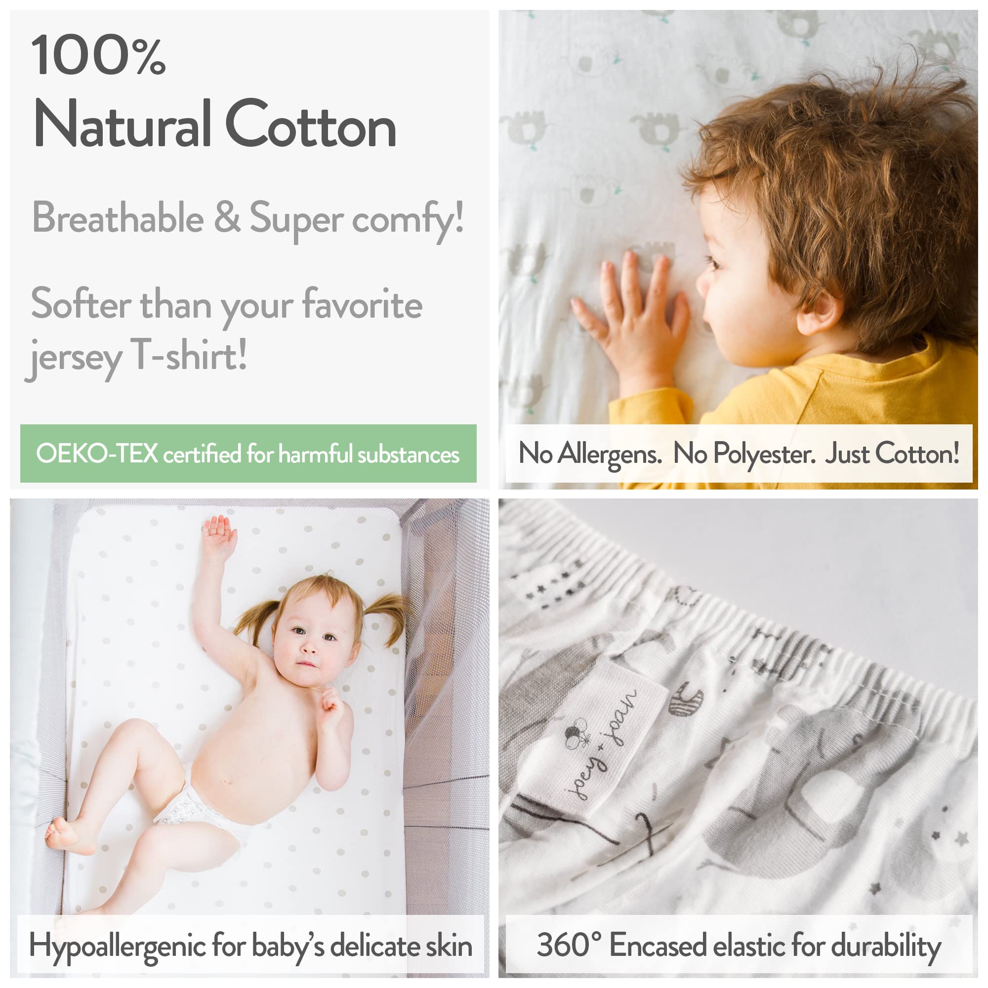Joey + Joan Bassinet Fitted Sheets 19" x 32" for Cowiewie Bedside Sleeper Bassinet Mattress Pad – Snuggly Soft 100% Jersey Cotton – Light Grey