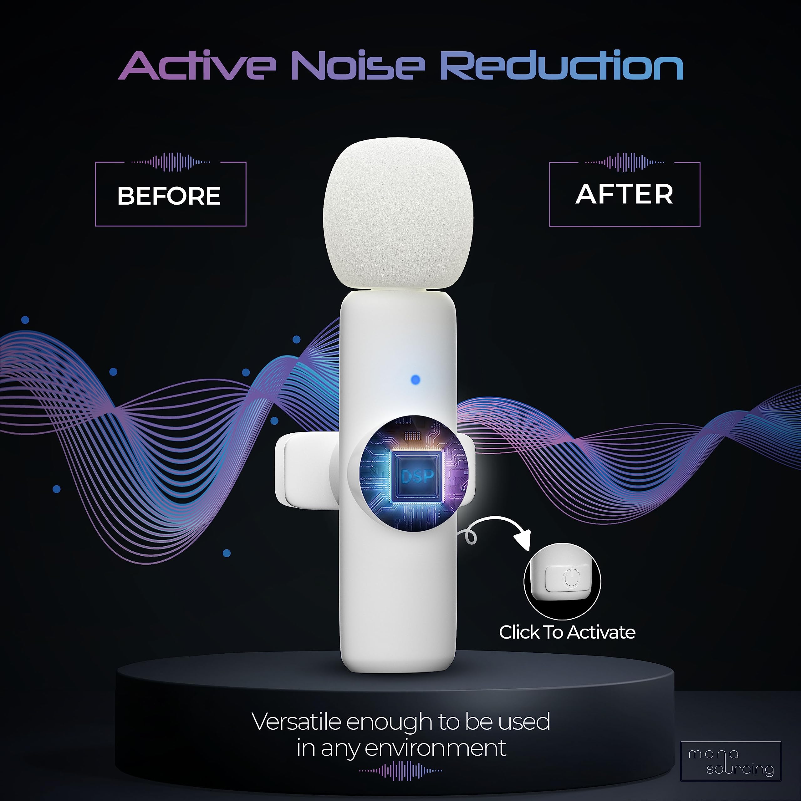 MANA Wireless Lavalier Microphone with Active Noise Reduction, Wireless Microphone for USB-C, Lapel Clip On Wireless Mic for Content Creator, Wireless Mini Microphone for USB-C Port β White