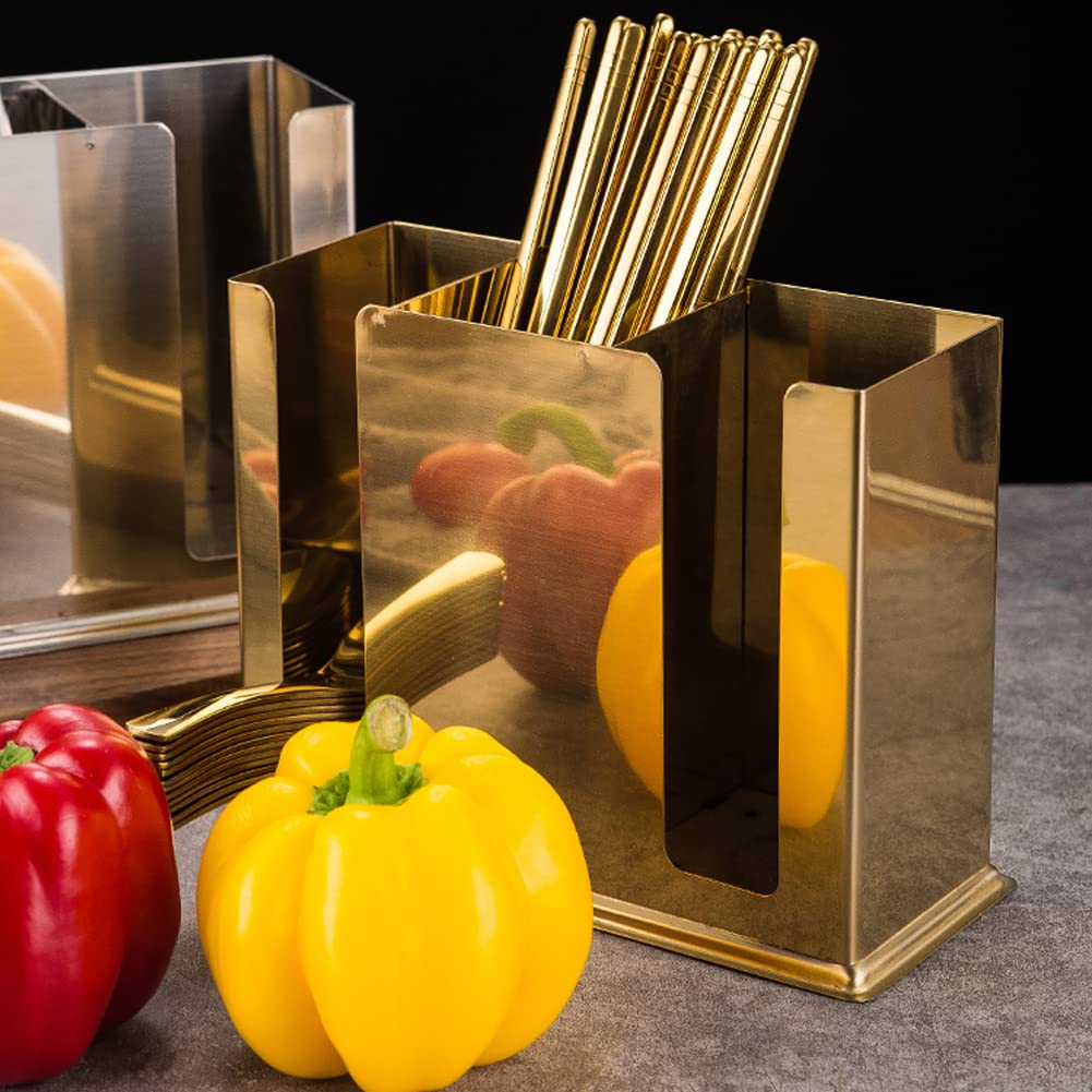 kaileyouxiangongsi Chinese Restaurant Utensil Holder, Stainless Steel Hanging 3 Compartments Mesh Utensil Drying Rack/Chopsticks/Spoon/Fork/Knife Flatware Storage(Golden)