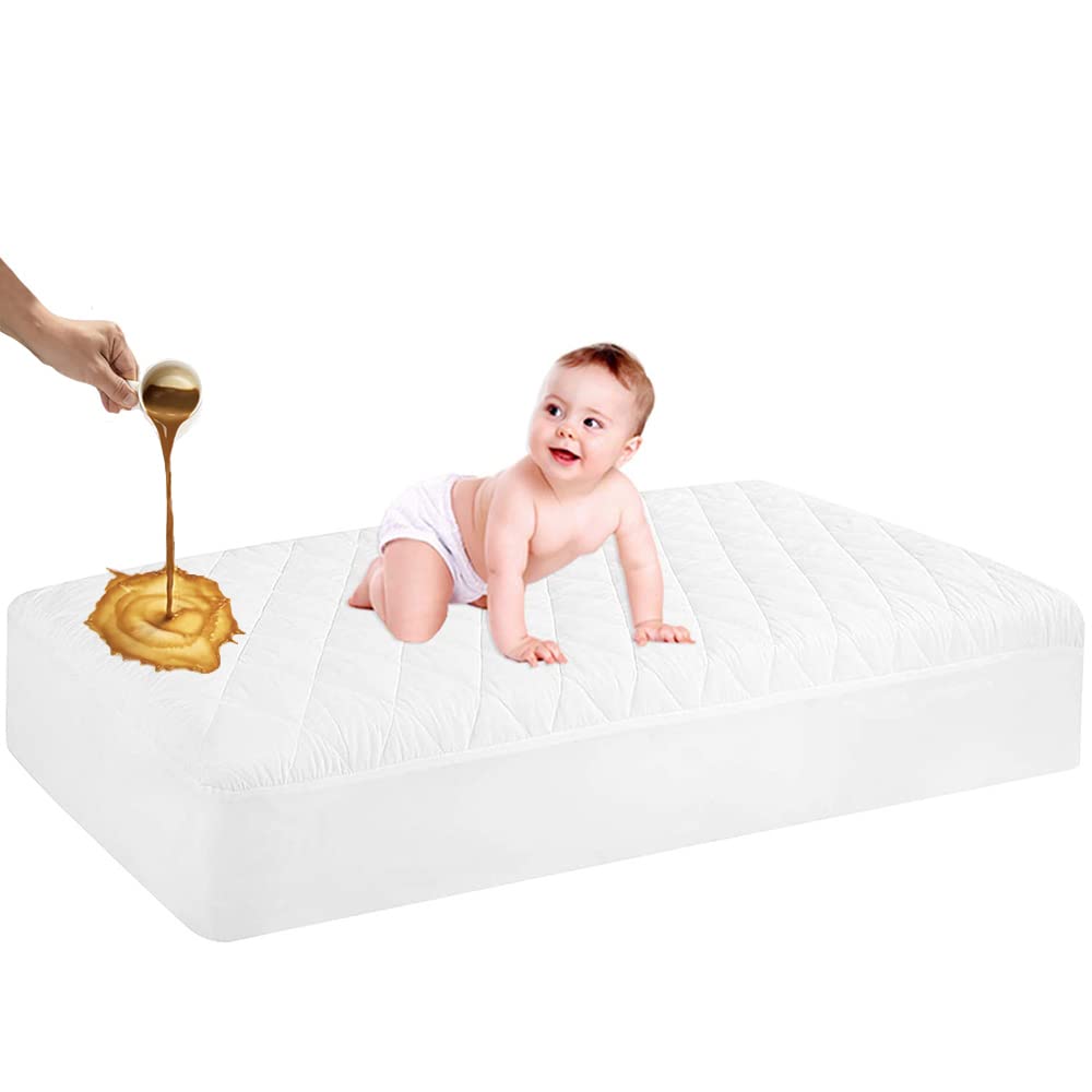 Nicesure Crib Fitted Sheets Waterproof Mattress Protector 12'' Deep Bottom Sheets Mattress Pad Cover Noiseless Soft Breathable Washable Mattress Topper for Kids Pets Adults, 28'' x 52'', White