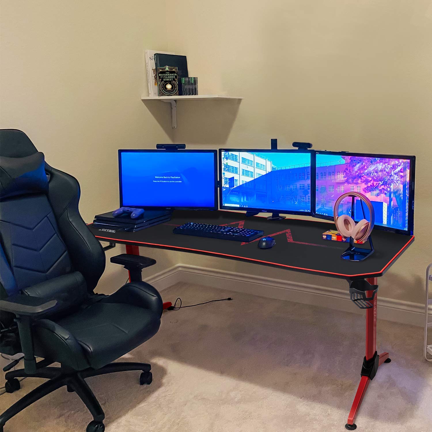 KaiMeng Gaming Desk 55 Inch PC Computer Game Desk with Mouse Pad Home Office Study Table Gamer Workstation Carbon Fiber Modern Surface Sturdy T-Shaped Y Leg, Red