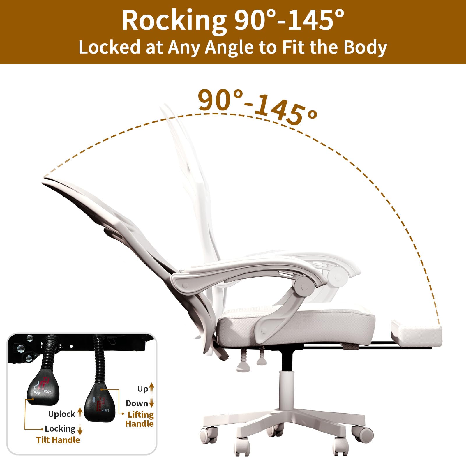 kenvc Ergonomic Office Chair with Foot Rest, Home Office Desk Chairs with Lumbar Headrest and Retractable Footrest, Mesh Office Chair Adjusts 90°-145°, Light Gray