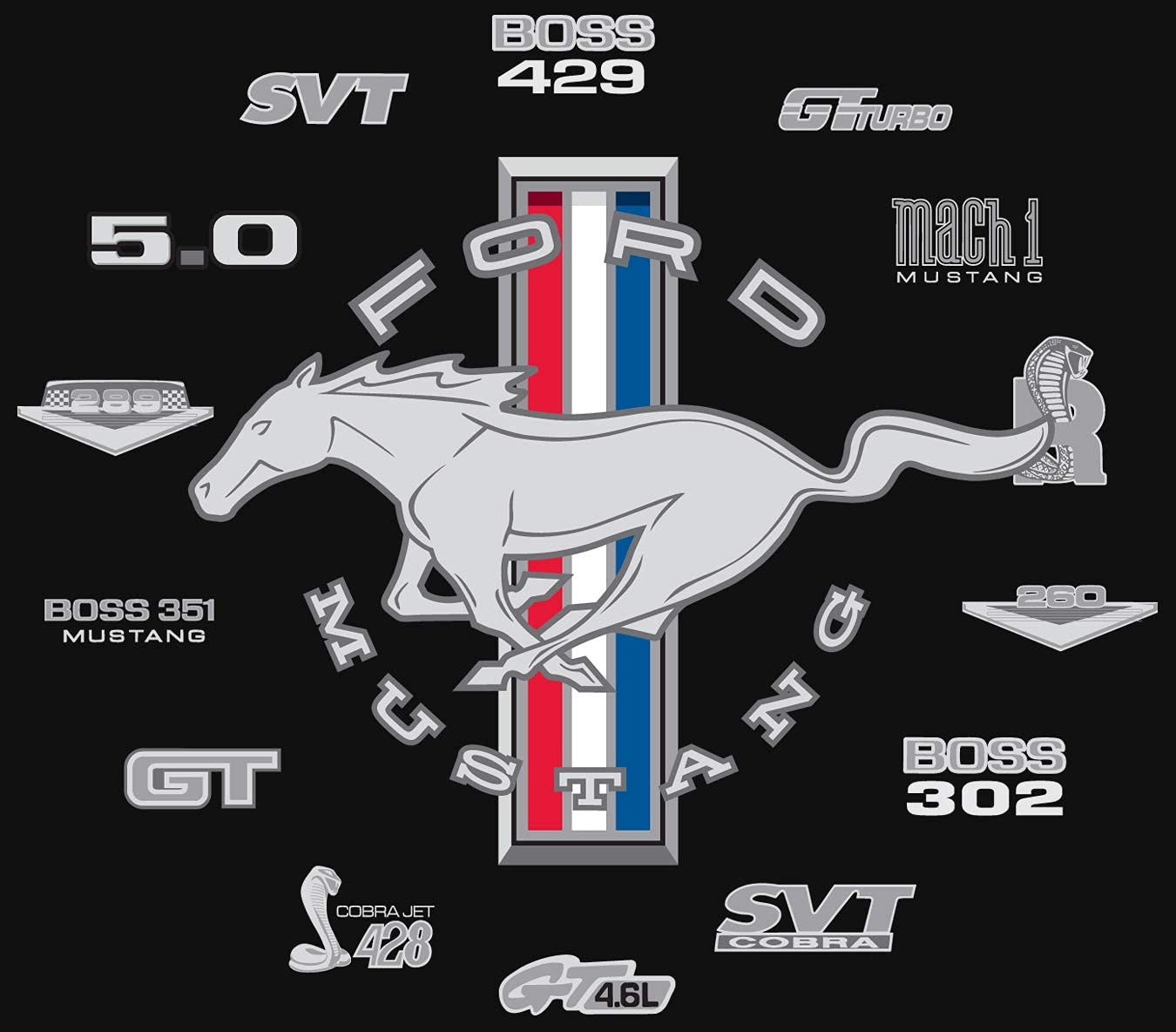 JH Design Men's Ford Mustang USA T-Shirt Short Sleeve Crew Neck Shirt (Large, US05-Black)