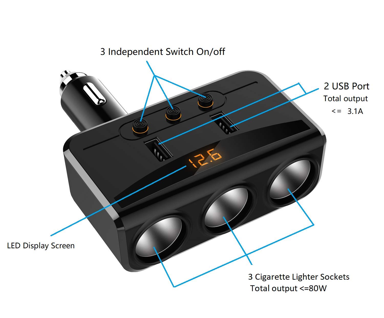 LIHAN 3 Socket Cigarette Lighter Adapter, Car Charger Plug Splitter with Dual USB Ports, 12V/24V Meter Monitor, Compatible with iPhone, LG, HTC, Samsung etc