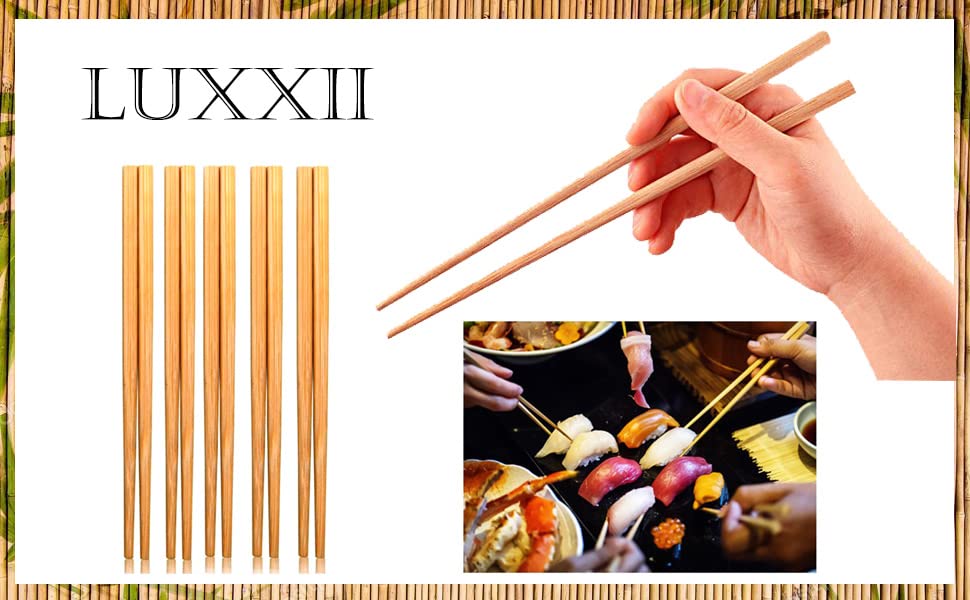 Luxxii 9.5" Natural Chinese Bamboo Wooden Chopsticks Set Reusable Classic Style Wood Chopsticks (5 Pairs)