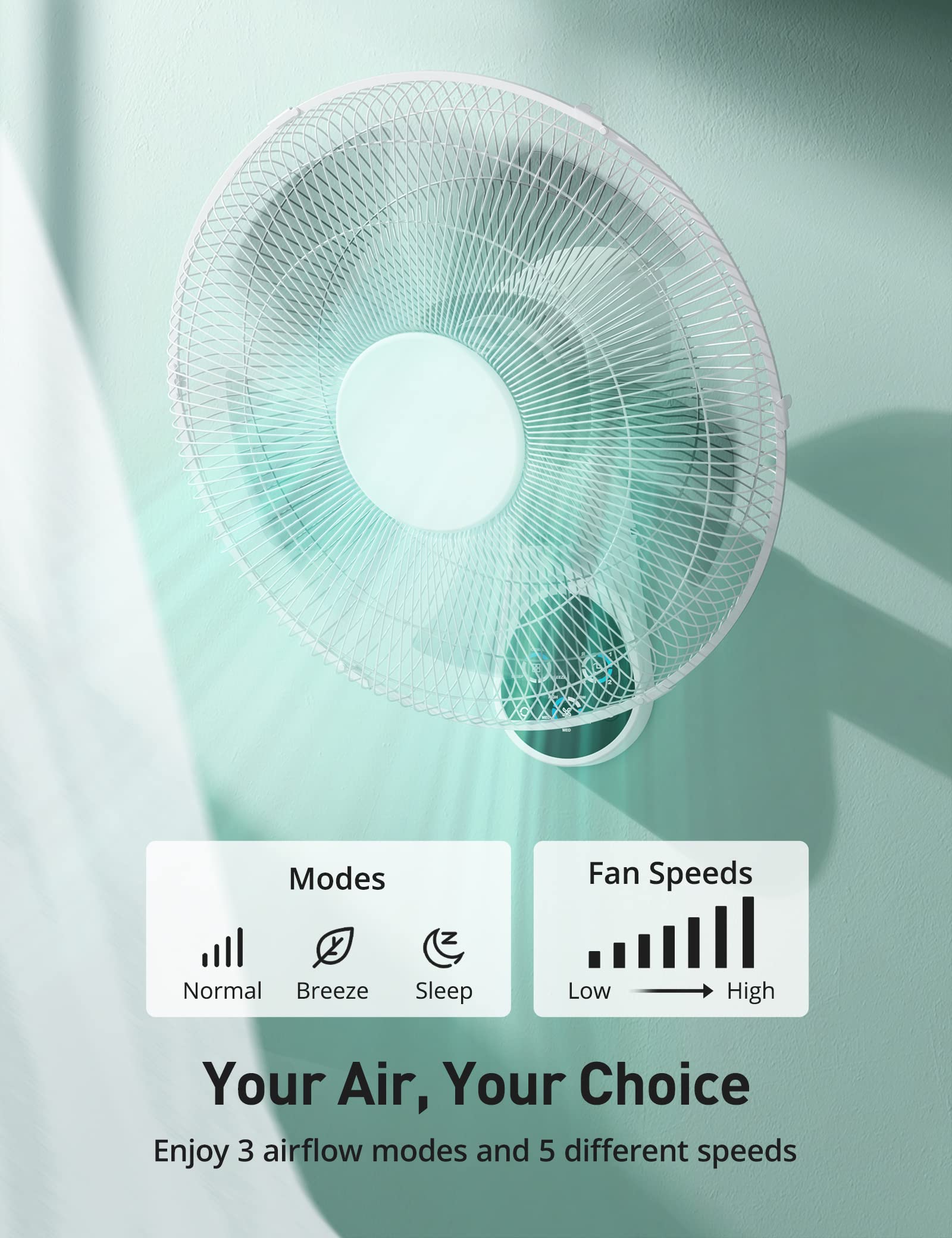 PARIS RHÔNE Wall Mount Fan with Remote,16 Inch Wall Fan with 5 Blades, 5 Speeds, 8 Hour Timer, 90° Oscillating Quiet Wall Fan with Remote for Home Office Bedroom Living Room Garage (White)