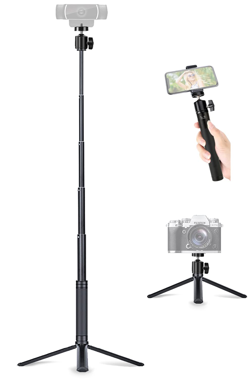 JCWINY 30" Tall Webcam Stand Tripod Extendable Desktop Tabletop Webcam Tripod Web Camera Mount Aluminum Desk Tripod Stand for Logitech Brio Webcam C925e C922x C930e C922 C930 C920 C615 iPhone Camera