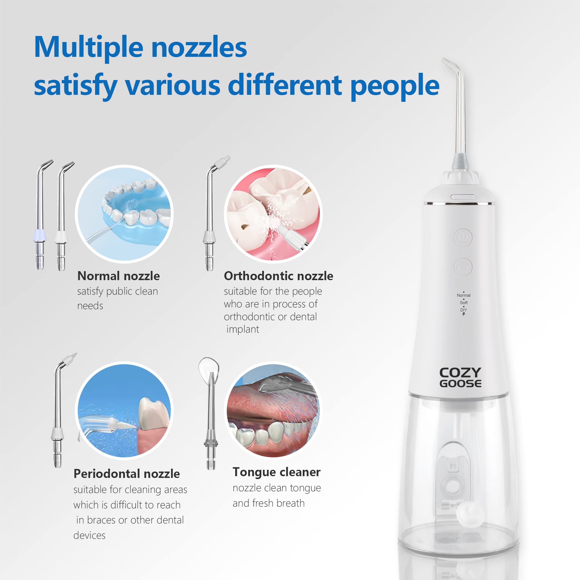 Portable Oral Irrigator ,Water Dental Flosser,Electric Flossers for Teeth,3 Cleaning Modes IPX7 Waterproof, 5Tips (Transparent)
