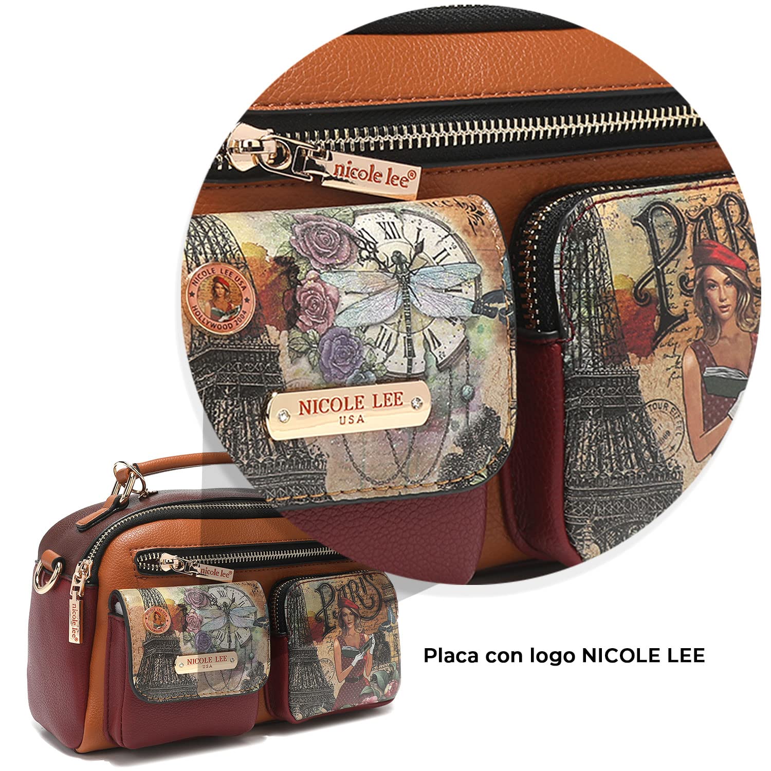 Nicole Lee 2 Pouch Messenger Crossbody Vegan Leather Top Handle Handbag, Adjustable Strap (Paris Fashion Week)