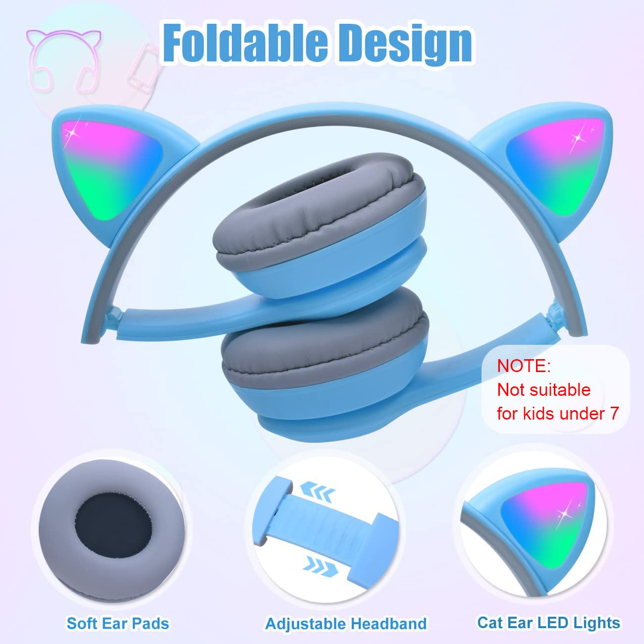 Joso Cat Ear Headphone, Kids Headphones with Mic&LED Light Up Cat, 85dB Safe Volume Limited, Foldable Kitty Headpones for Online Learning, School, Travel, Tablet, Smartphone - Support 3.5mm Audio