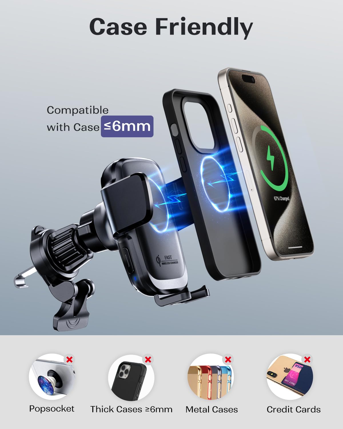 KPON Car Phone Holder Wireless Charger, Auto Clamping Wireless Car Charger Mount 15W/10W/7.5W for Dashboard, Automatic Air Vent Windshield Mount for iPhone 15 14 13 12 11/Samsung/LG/Google Pixel