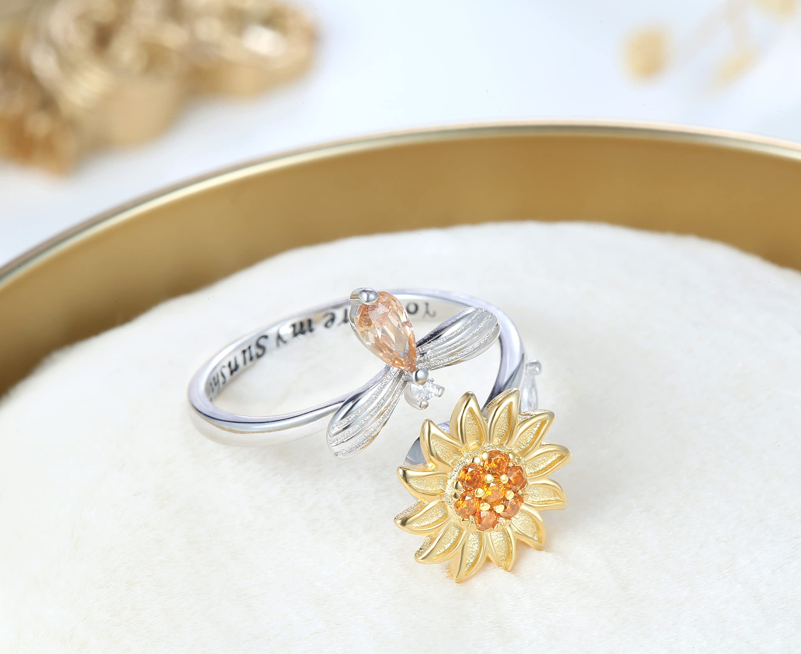 LYLYMIMI Sterling Silver Fidget Anxiety Rings for Women Adjustable Open Ring Cubic Zirconia Sunflower Spinner Jewelry -b