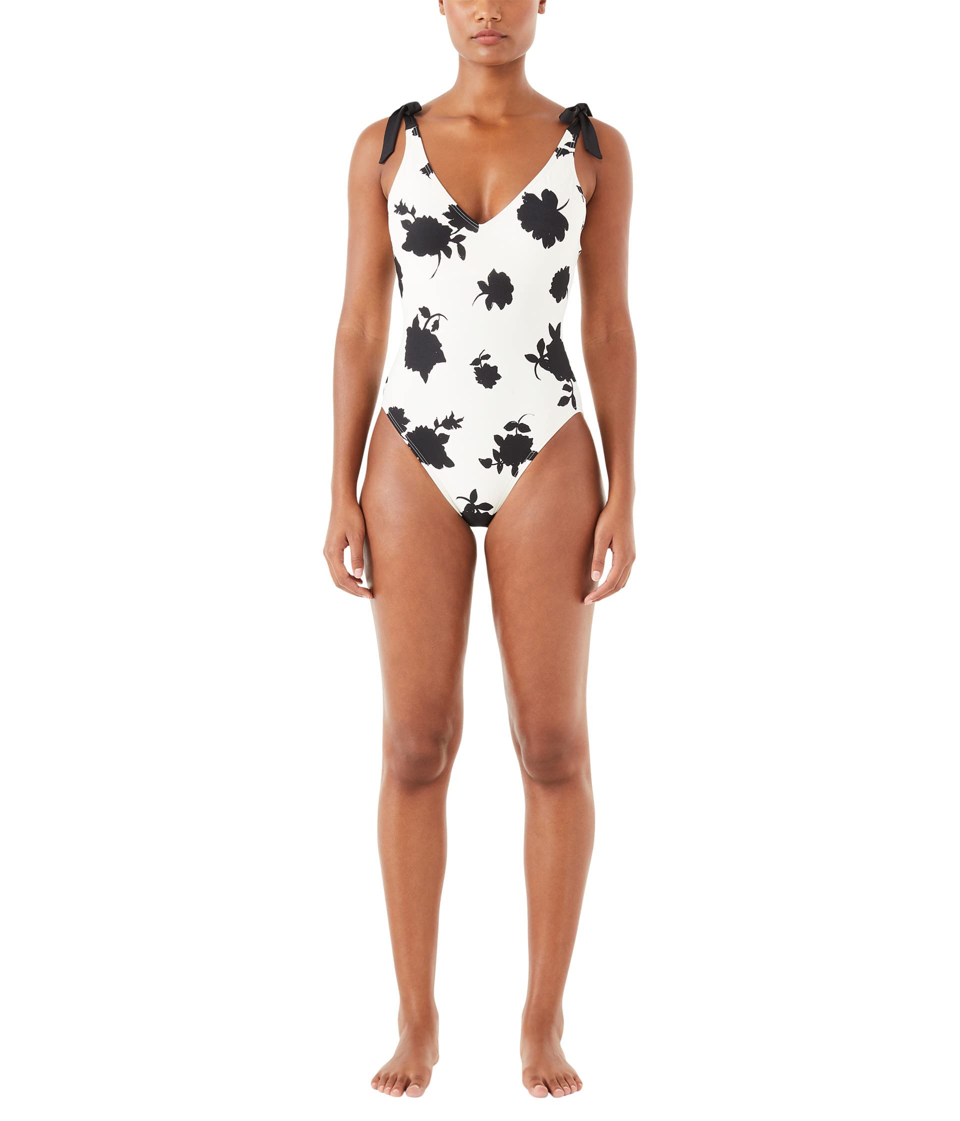Kate Spade New York Bicolor Shoulder Bow Tie V-Neck One-Piece Ivory XL