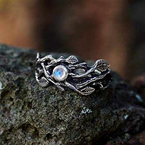 JESMING Ivy Moonstone Ring, Girls Rings Leaf Ring Silver Plated Ring Rose Victorian Style Solitaire Ring For Women (SIZE:8)