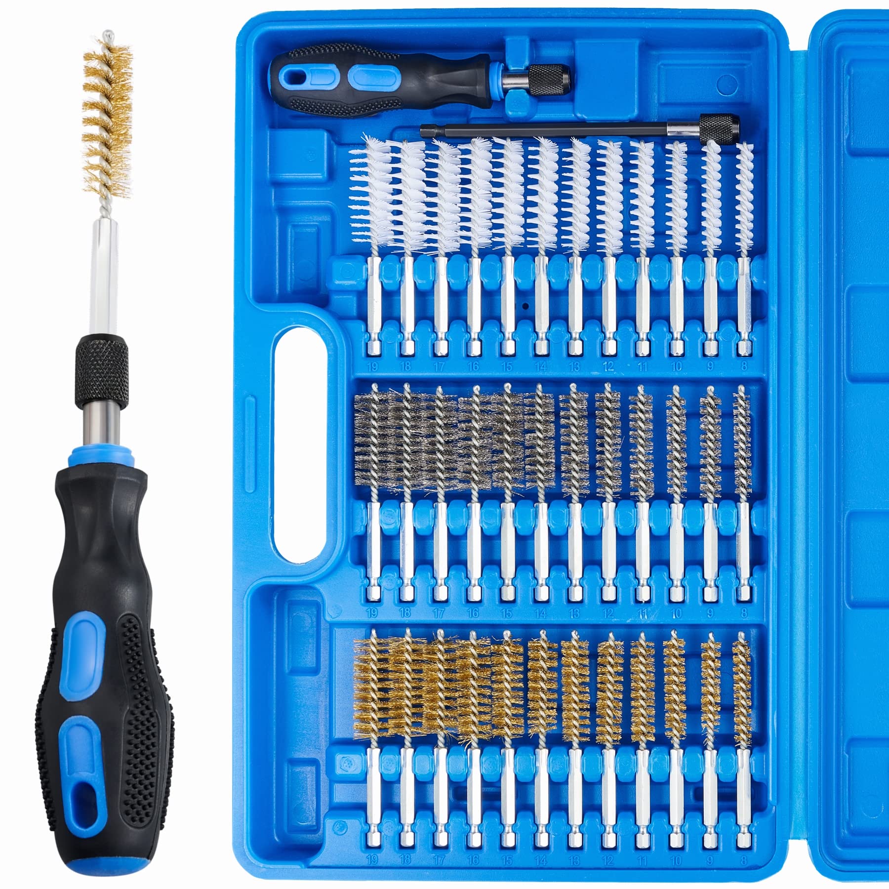 Orion Motor Tech 38pc Wire Brush Set, Bore Brush for Drill with 1/4 Inch Hex Shank and Long Extension Bars, 8-19mm Dia Round Wire Brush Kit, 0.31-0.75 Inch Stainless Steel Brass Nylon Cleaning Brushes