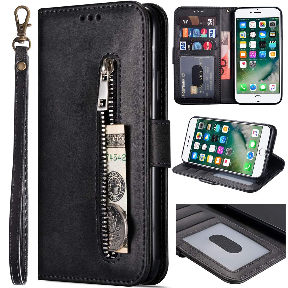 KUDEX iPhone 7 Plus Wallet Case for Women,iPhone 8 Plus Case, Flip Leather Shockproof Magnetic Zipper Pocket Wallet Purse Case w/Stand Card Slot Holder Wrist Strap for iPhone 7 Plus/8 Plus (Purple)