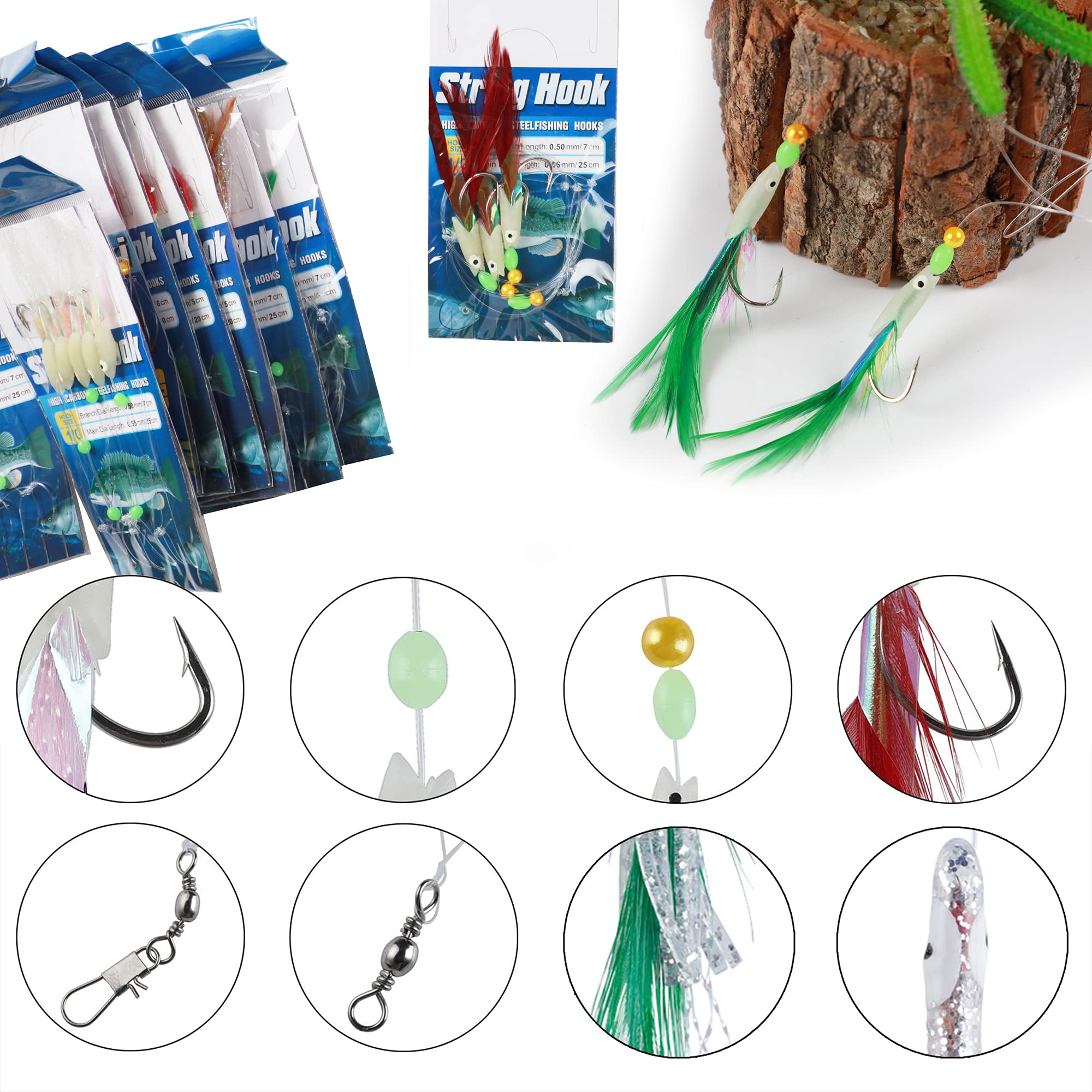 LSPAR 22 Packs Fishing Rigs Bait Saltwater Accessories Kit, Luminous Bait Rigs with String Hook and Bead,Fishing Lure Bait Rig Tackle