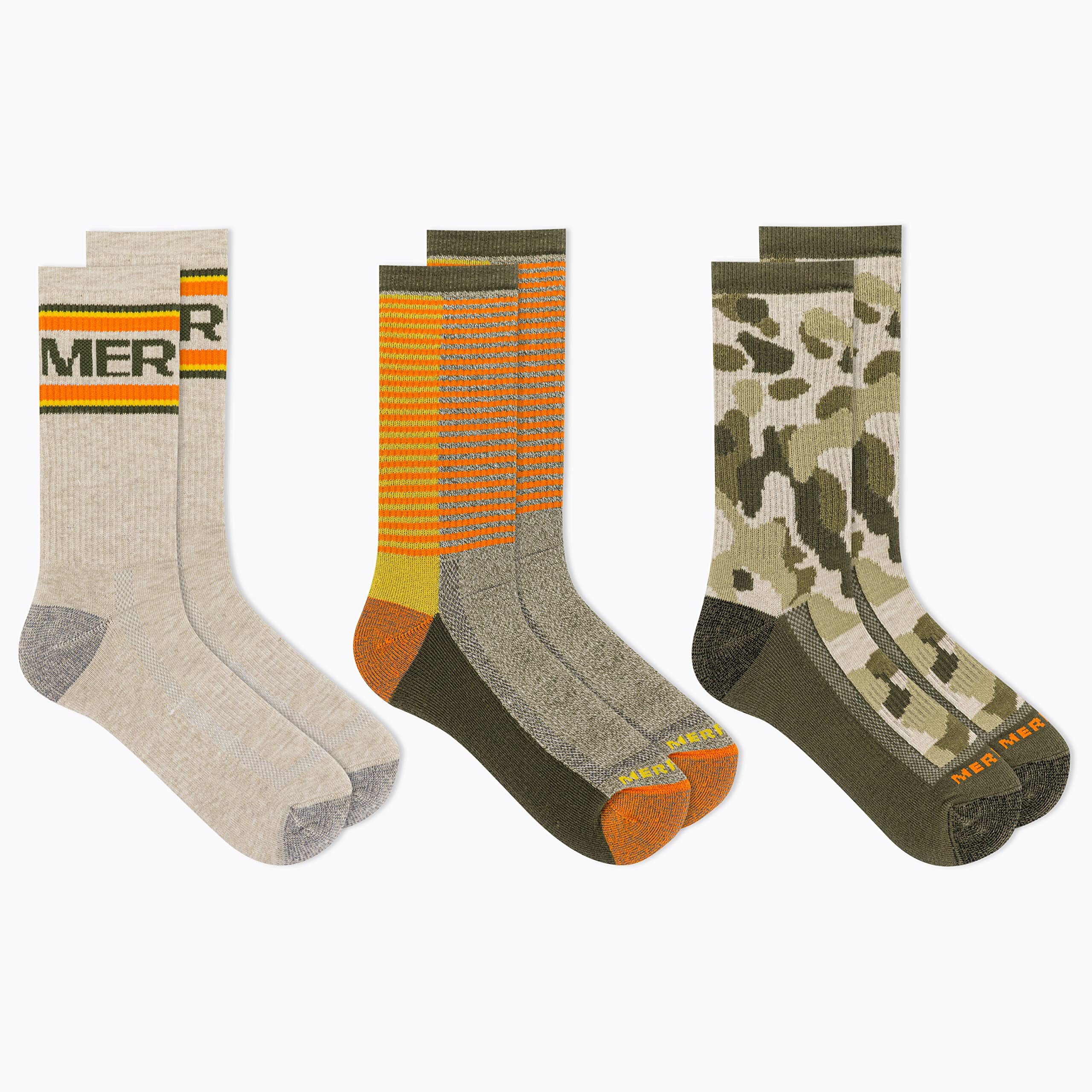 Merrell Recycled Everyday Half Cushion Socks-3 Pair Pack-Repreve Hiking Arch Support and Breathable Mesh, Crew-White Assorted, S/M (Men's 5-8.5 / Women's 5-9.5)