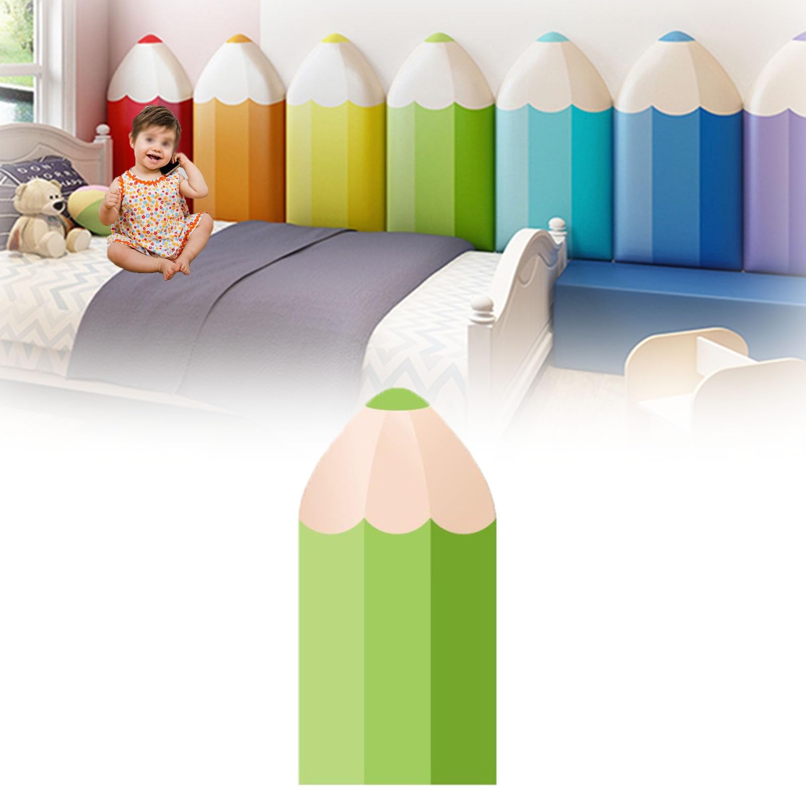 Kids Anti-Collision Wall Stickers, Pencil Shape Cartoon Wall Sticker, 3D Self Adhesive Foam Wall Panels, Bedside Protective Wall Padding, Waterproof Soft Wall Padding for Living Room Bedroom (Color :