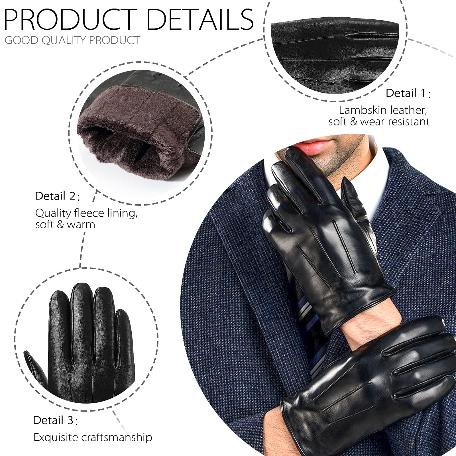 Harrms Leather Gloves for Mens, Full-Hand Touchscreen Mens Warm Cold Weather Gloves for Texting Driving Gift (M-8.5"(US Standard Size), BLACK)