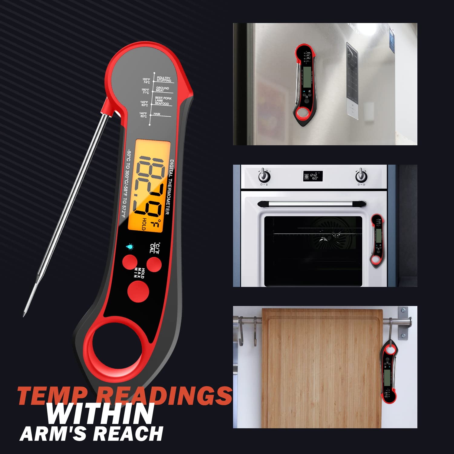 Meat Thermometer Digital for Cooking and Grilling, Biison Instant Read Meat Thermometer Wireless, Waterproof, Backlight, Magnet, Food Thermometer for BBQ Grill, Kitchen Fry, Beef, Turkey