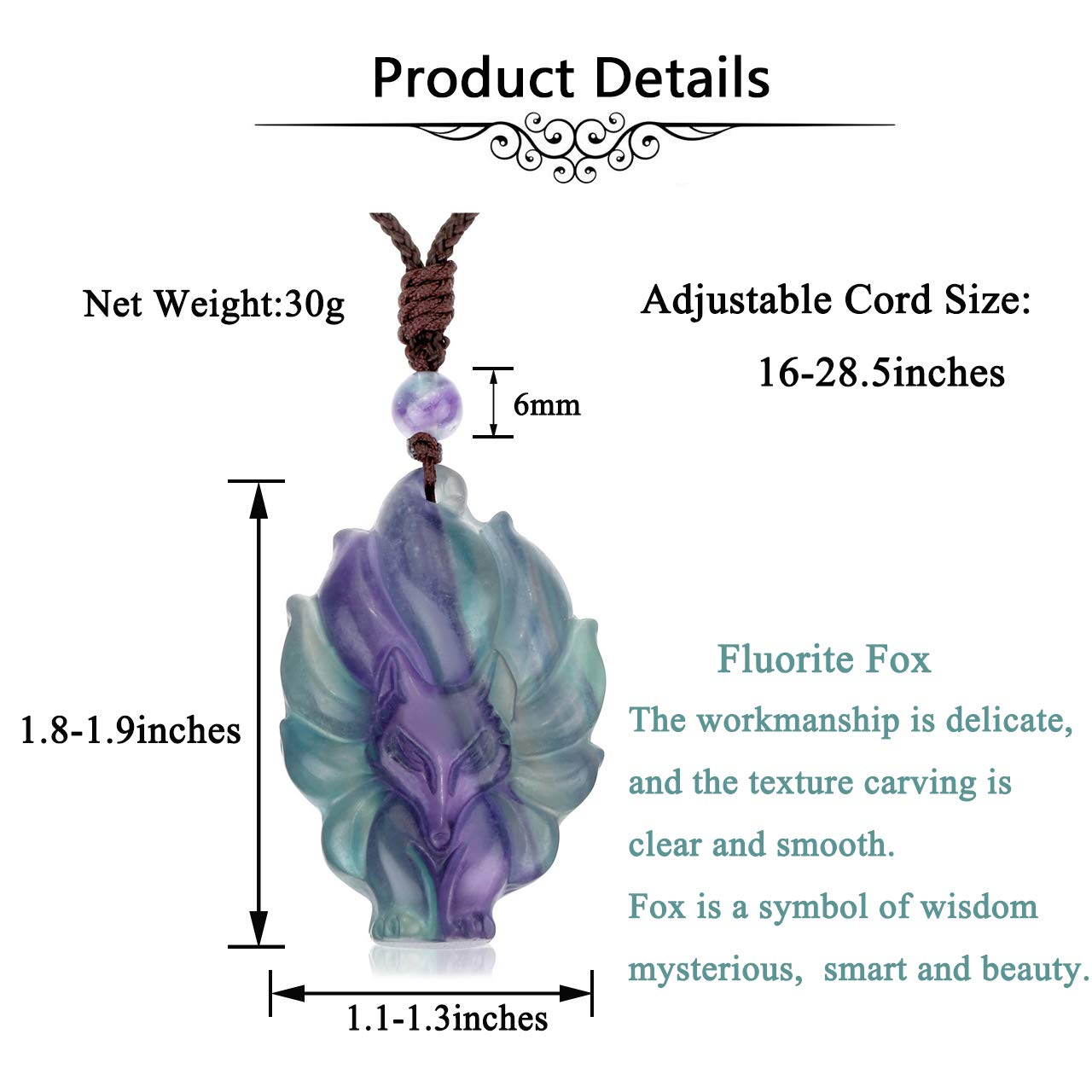 Jovivi Natural Fluorite Nine-Tailed Fox Crystal Necklace Healing Stones Gemstone Necklaces Pendant Protection Amulet Charm