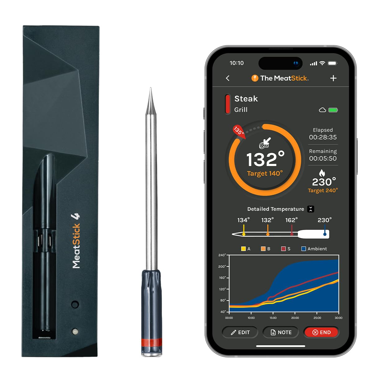 MeatStick 4 (One Probe Set) | Quad Sensors Smart Wireless Meat Thermometer | Digital Food Probe with Bluetooth | for Smoking, Grilling, BBQ, Air Fryer, Deep Frying, Oven, Rotisserie | Limited Range