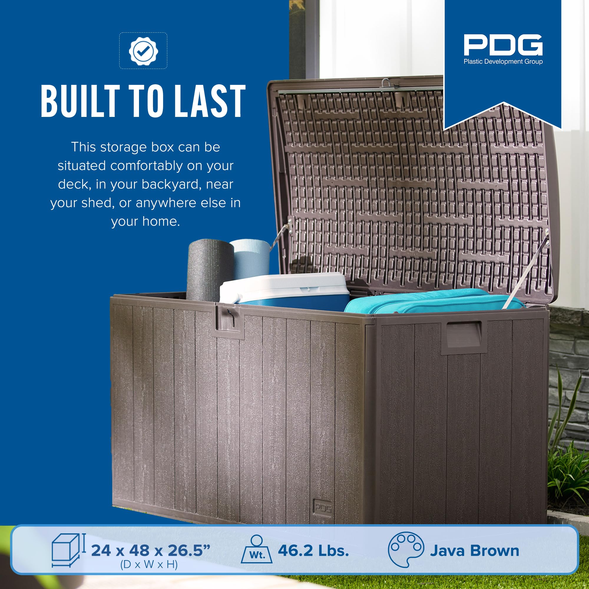 Plastic Development Group 105 Gallon Weatherproof Large Double Wall Plastic Outdoor Patio Storage Deck Box with Soft Close Lid, Java Brown