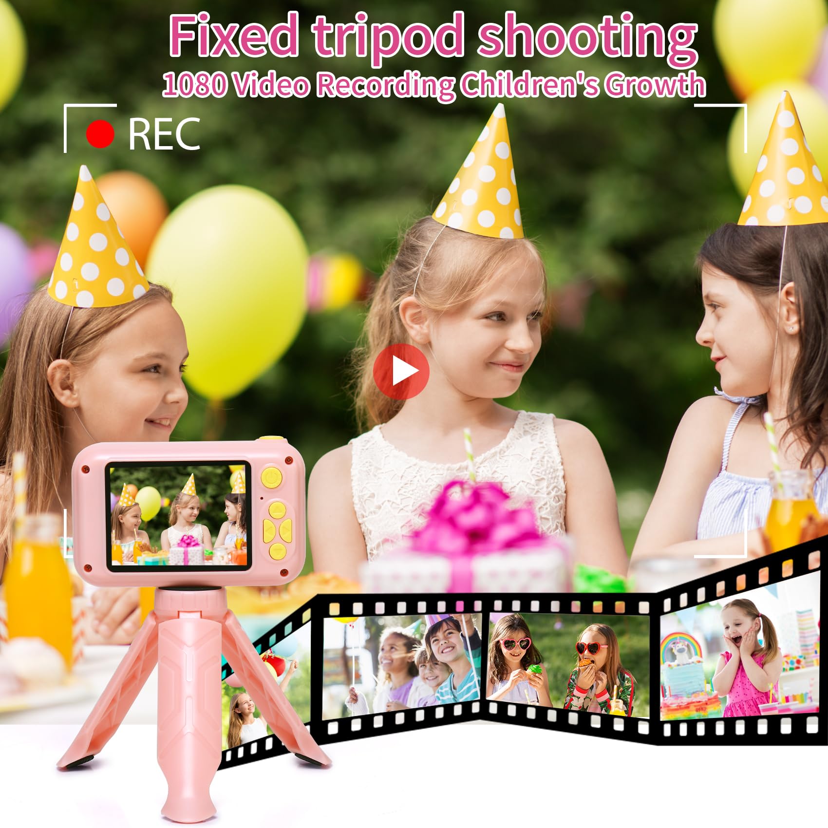 Kids Camera,2.4in IPS Screen Digital Camera,180°Flip Lens Camera,Children Selfie Camera with Playback Game,Christmas/Birthday Gift for 4 5 6 7 8 9 10 11 Year Old Girl Boy (Pink)
