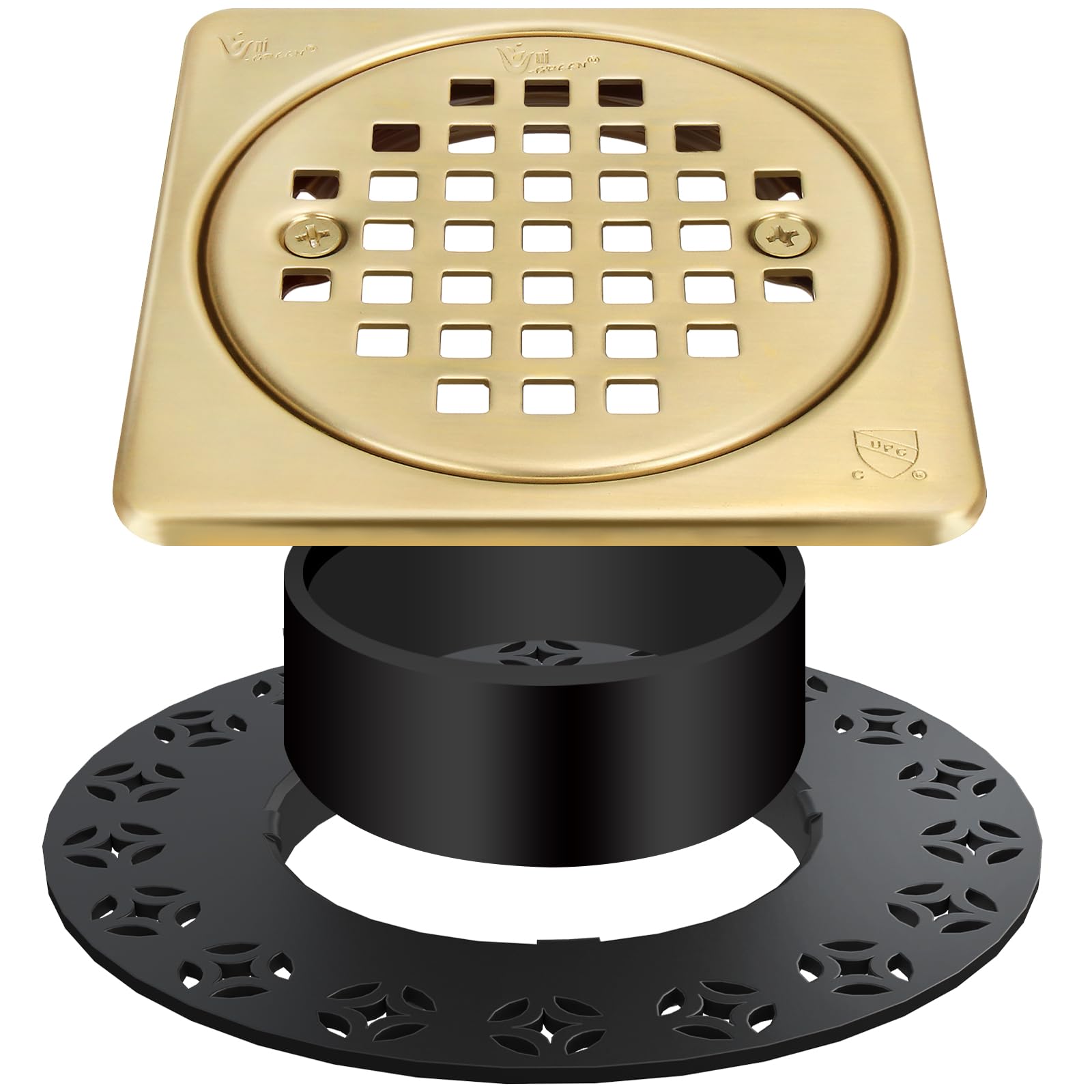 Yaseingoo 4” Drain Grate Kit - Compatible with Schluter Kerdi-Drain Flange - Shower Floor Drain Kit with Adjustable Collar - Removable Square Drain Set - SUS 304 Stainless Steel Grate - Brushed Brass