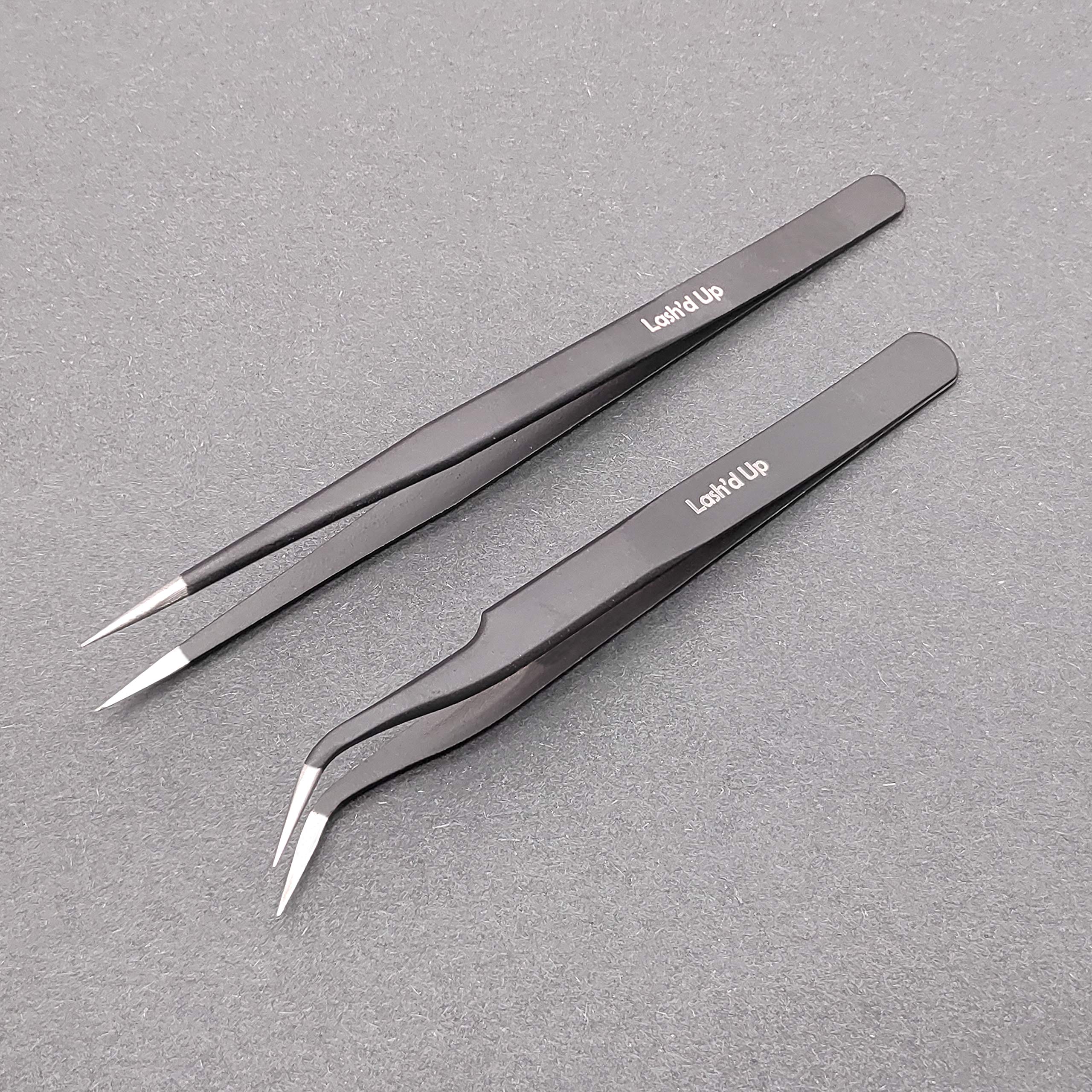 Lash'd Up 2 Pcs Black Stainless Steel Tweezers for Eyelash Extensions, Straight and Curved Tip Tweezers Nippers, False Lash Application Tools