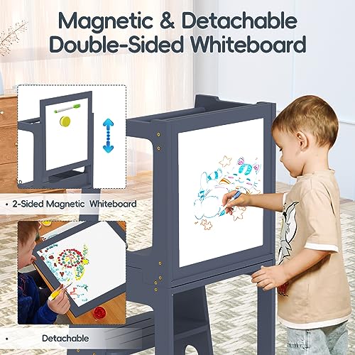Kitchen Toddler Tower, Toddler Step Stool Learning Standing Tower with Whiteboard 2 in 1 Convertible Table and Chair, Removable Safety Rail, Widened Platforms for Kitchen Counter Bathroom Sink