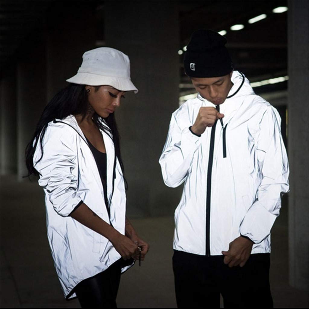 Men&Women Plus Size Silver Reflective Waterproof Cycling Jacket Hi Visibility Outdoor Cycling Coat for Couples(Grey,X-Large)