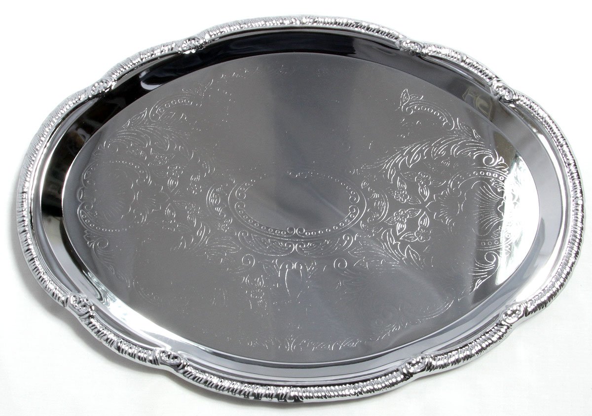 Maro Megastore (Pack of 4) 14.7" x 10.6" Oval Shape Chrome Plated Serving Tray Plate Food Art Deco Floral Pattern Engraved Multi-Purpose Holiday Party Buffet Wedding Birthday (Large) T125L-4PK