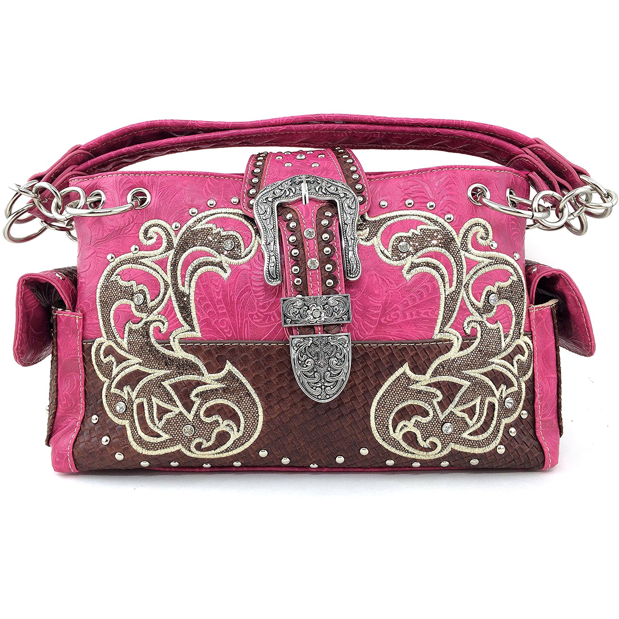 Justin West Gleaming Western Tooled Rhinestone Buckle Floral Embroidery Chain Shoulder Handbag Purse Back Concealed Carry Phone Slot Crossbody Trifold Wallet (Hot Pink Handbag)