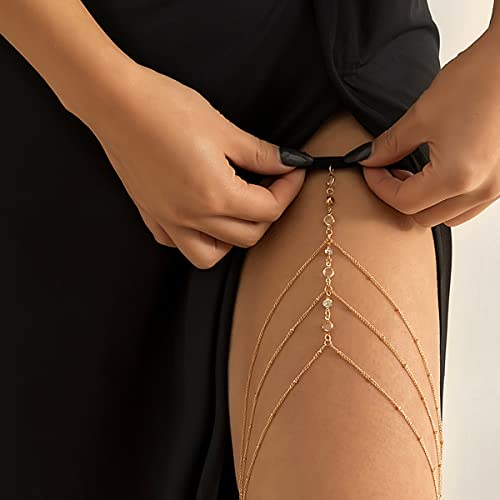 Lirgoriy Sexy Beach Multi-layer Leg Chain Pearl Thigh Chain Elasticity Thigh Leg Chain Boho Summer Bikini Body Jewelry for Women (Gold Multi-layer Thigh Chain)