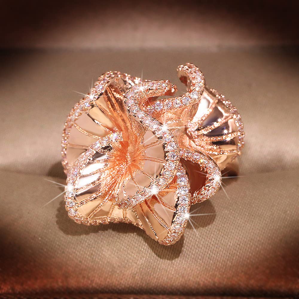 LOYJOY Zircon Camellia Flower Wedding Rings Rose Gold Solid Fashion Women Engagement Finger Ring - 8 - China