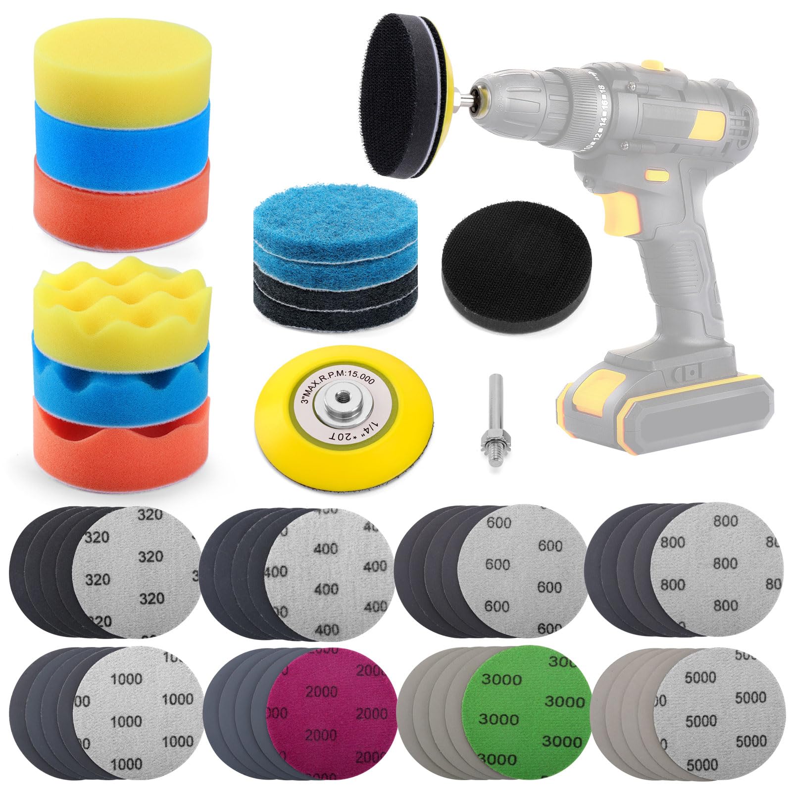 POLIWELL Car Headlight Restoration Kit, 3 Inch Car Polishing Sanding Discs Kit, 3 in Sandpaper Grit 320-5000 Headlights Sanding Sheets with 1/4â Shank Backing, Buffing Sponge Pads for Drill, 52 PCS