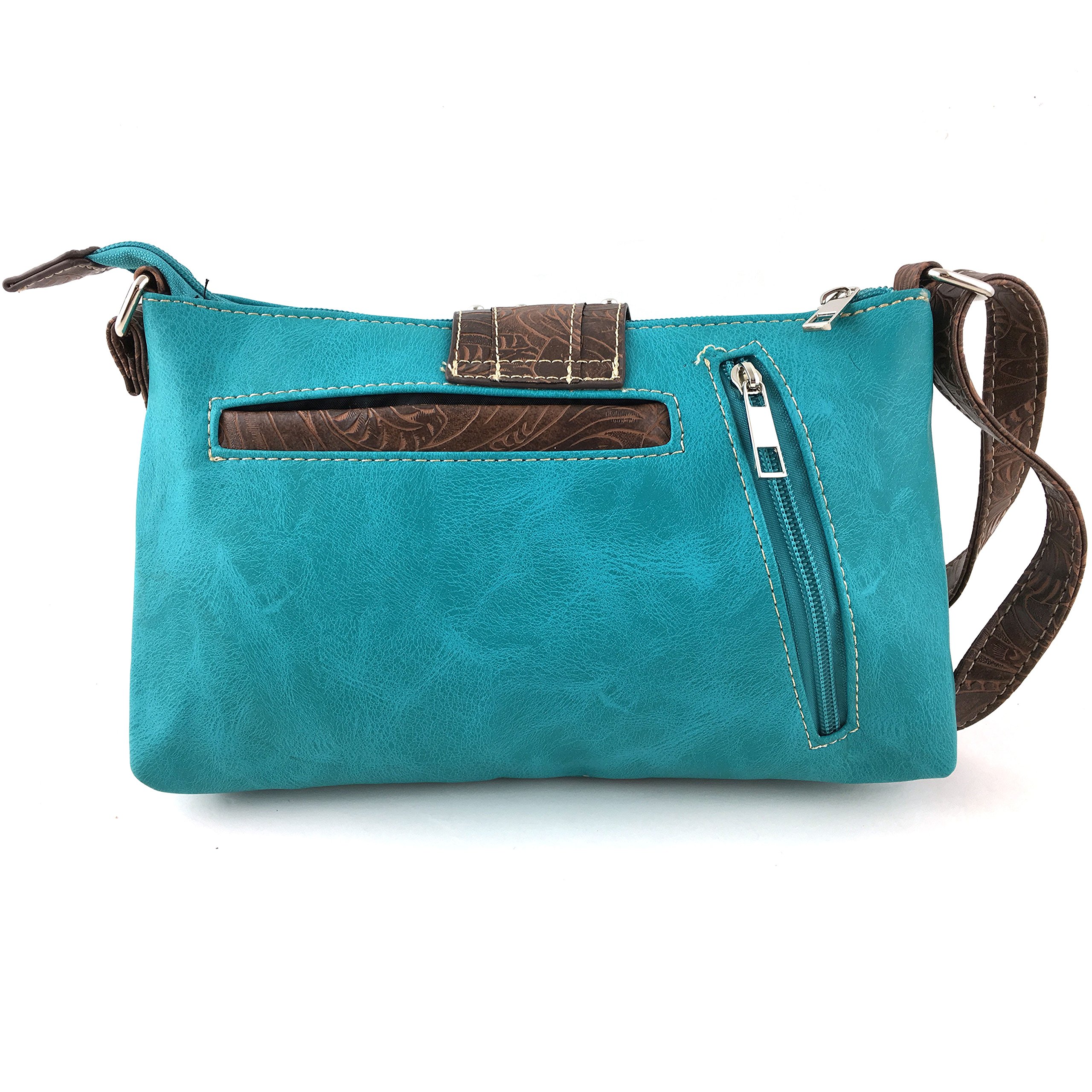 Justin West Western Tooled Laser Cut Rhinestone Buckle Messenger Bag Purse with Long Crossbody Strap (Turquoise)